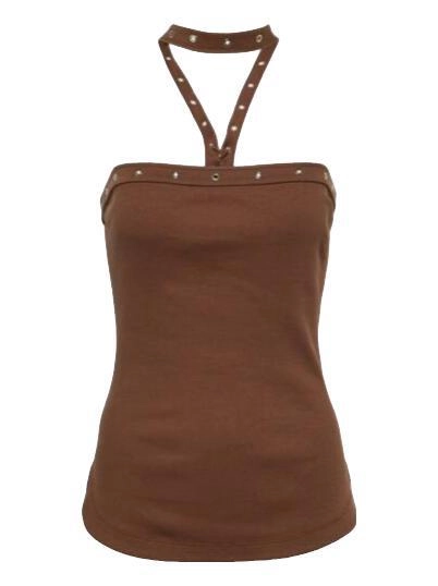 Attico Ribbed-knit Halterneck Jersey Top With Eyelet Details - Brown
