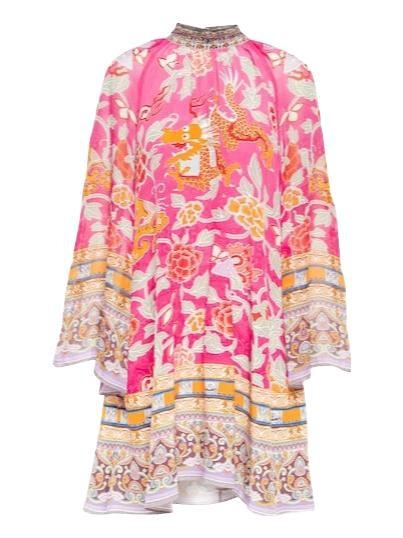 Camilla Printed Silk Minidress With Embellished Neck - Pink