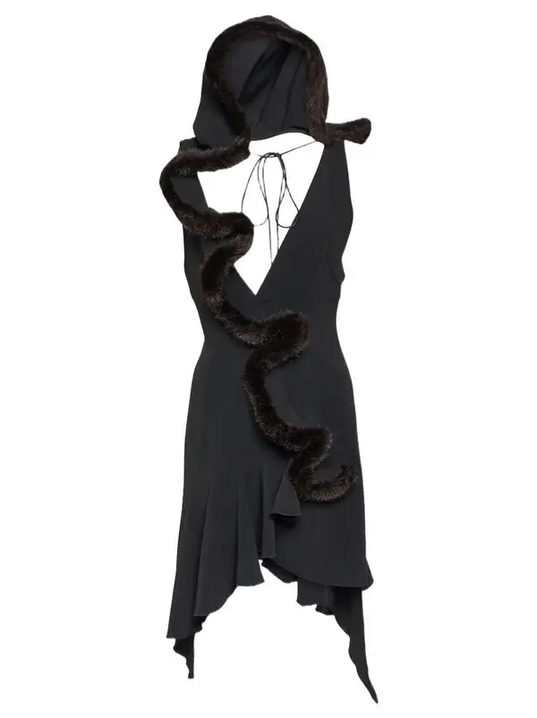 Coperni Knitted Mini Dress With Faux Fur Trim - Black