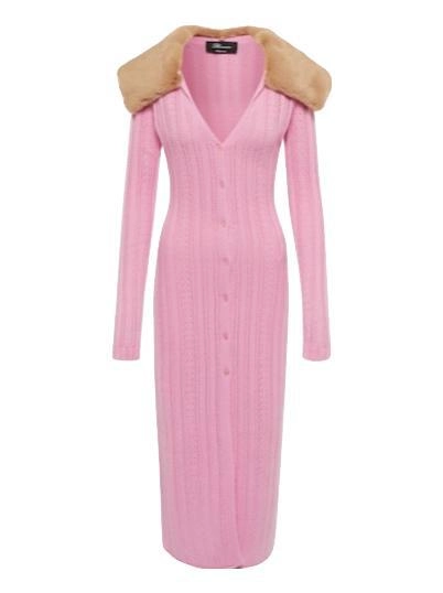 Blumarine Openwork Knit Cardigan With Detachable Fur Collar - Pink