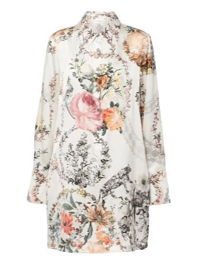 Camilla Floral Silk Satin Shirt Dress - White