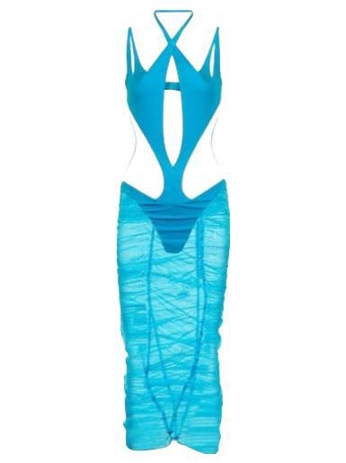 MUGLER Cutout Paneled Tulle Midi Dress - Blue