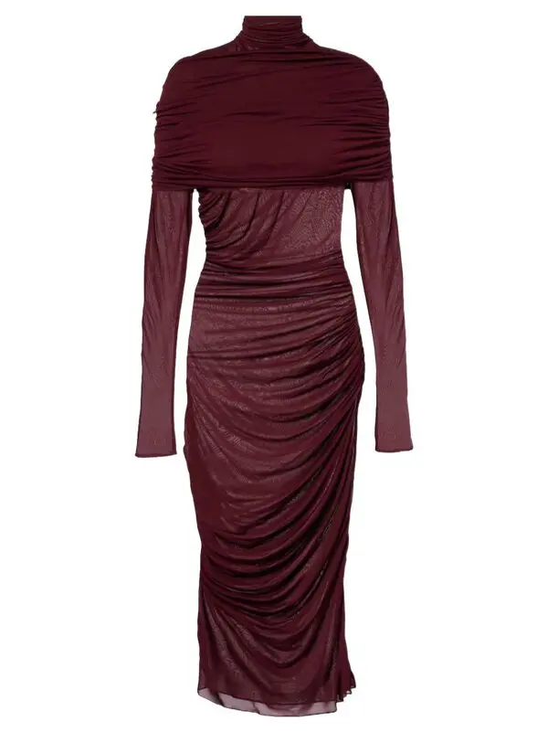 MUGLER Long Sleeve Ruched Midi Dress - Brown