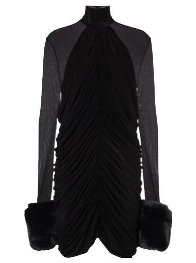 Magda Butrym Gathered Faux Fur-trimmed Mesh Minidress - Black