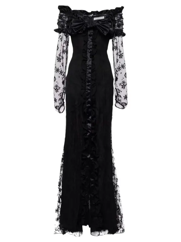 Alessandra Rich Off-shoulder Lace Gown With Bow Detail - Black