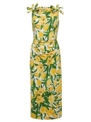 Carolina Herrera Floral Ruched Poplin Midi Dress - Green
