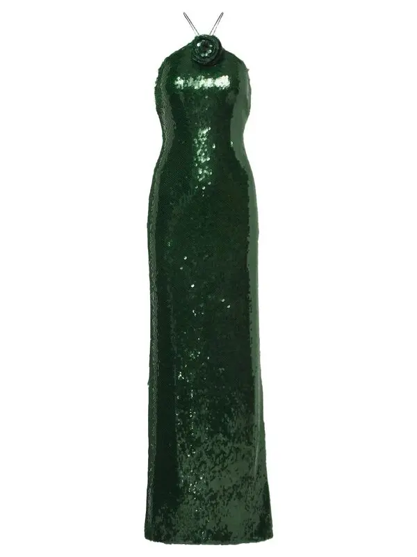 Magda Butrym Floral Applique Sequined Halterneck Gown - Green