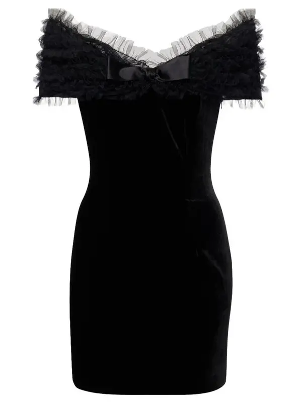 Alessandra Rich Off-shoulder Velvet And Tulle Mini Dress - Black