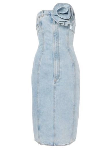 AREA Floral Appliqué Strapless Denim Midi Dress - Blue