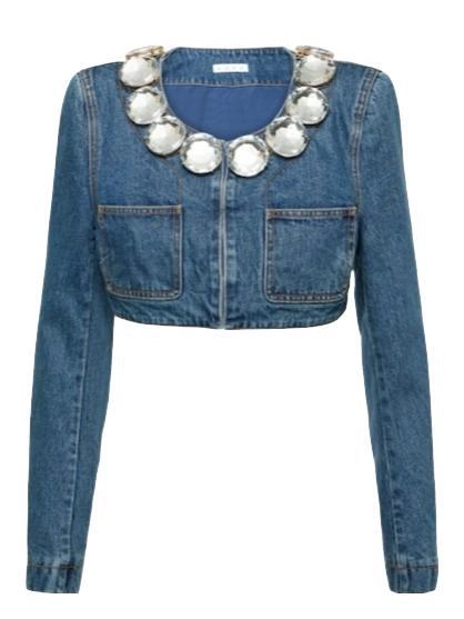 AREA Embellished Cropped Denim Jacket - Blue