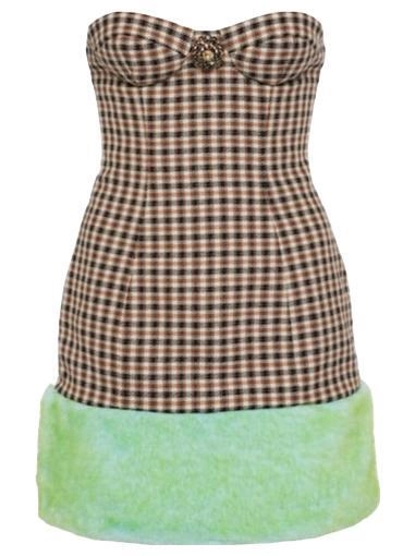 AREA Faux Fur-trimmed Strapless Plaid Minidress - Multicolor