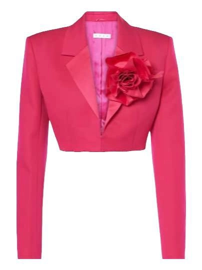 AREA Cropped Wool Blazer With Floral Appliqu - Pink