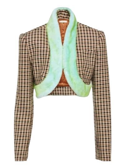 AREA Cropped Plaid Jacket With Faux Fur Trim - Brown
