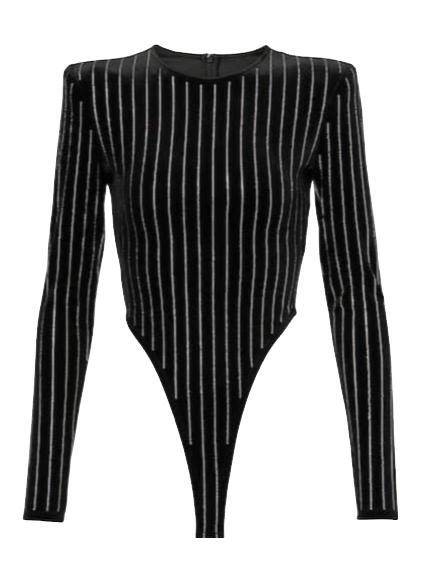 Alex Perry Velvet Pinstripe Bodysuit With Crystal Embellishments - Black