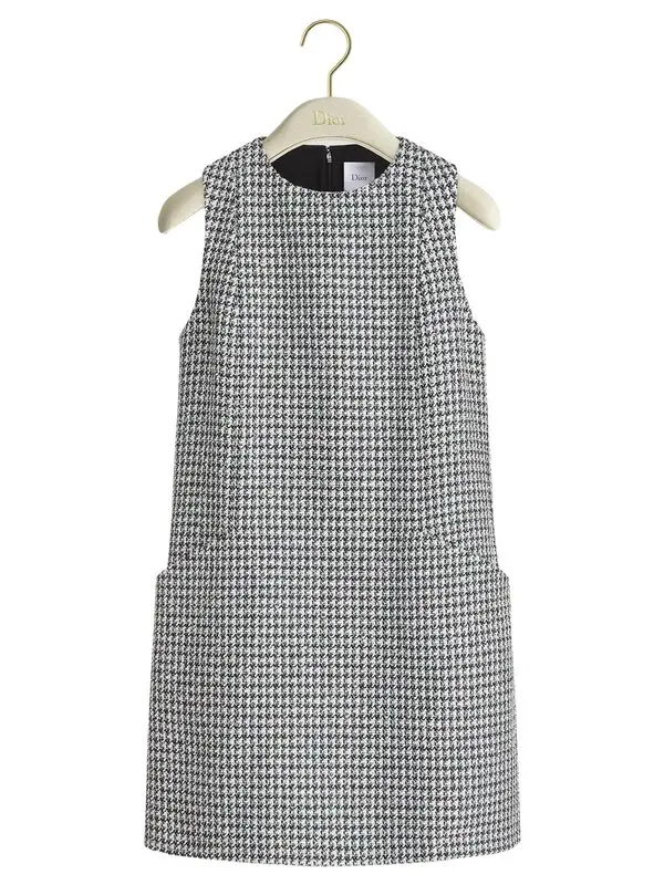 Dior Sleeveless Houndstooth Dress With Pockets - Gray