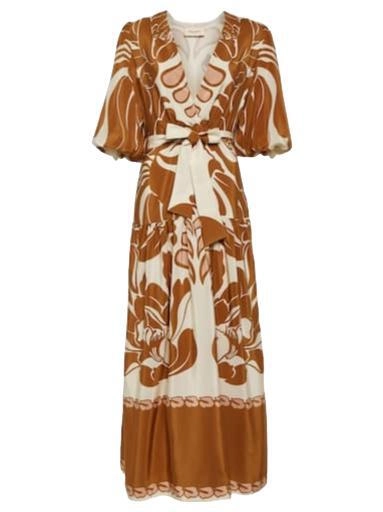 ADRIANA DEGREAS Printed Puff Sleeve Silk Maxi Dress - Brown
