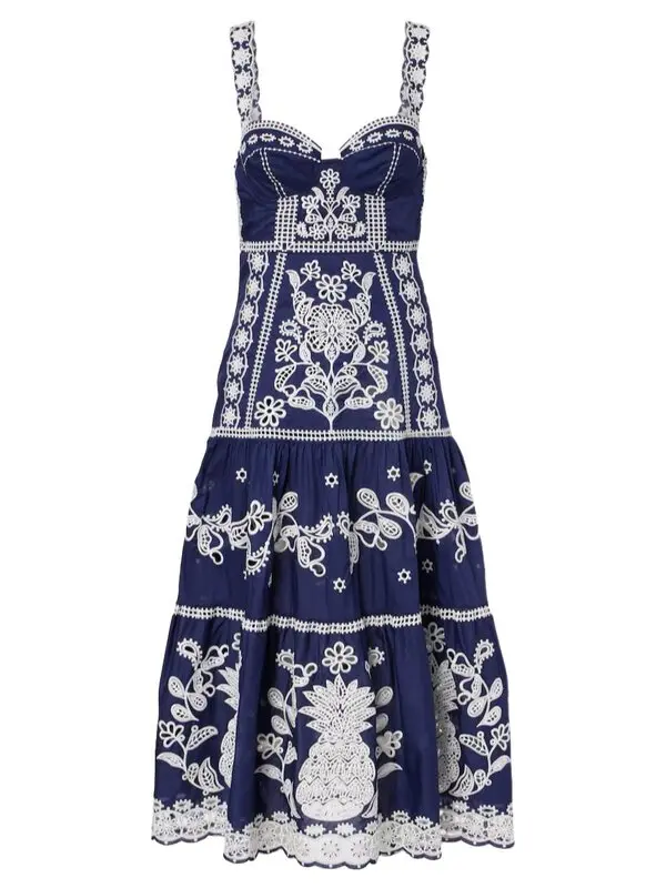 Farm Rio Embroidered Cotton Midi Dress - Blue