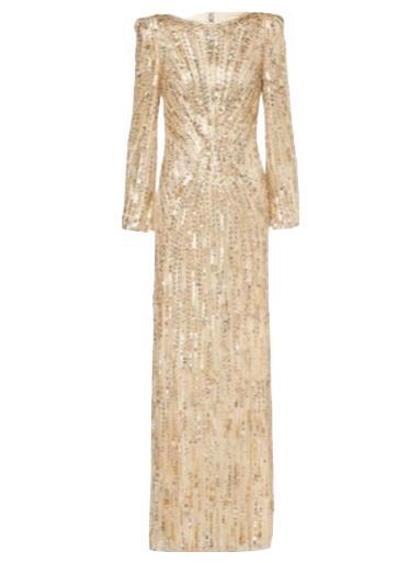 Jenny Packham Sequined Gown With Boat Collar And Long Sleeves - Nude