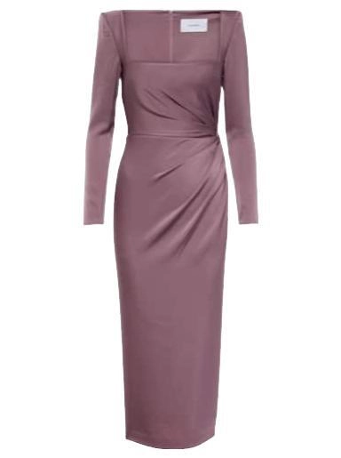 Alex Perry Satin Midi Dress With Square Neckline And Long Sleeves - Gray