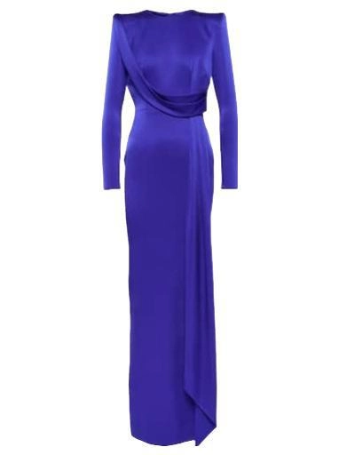 Alex Perry Draped Satin Gown With Long Sleeves And Back Slit - Blue