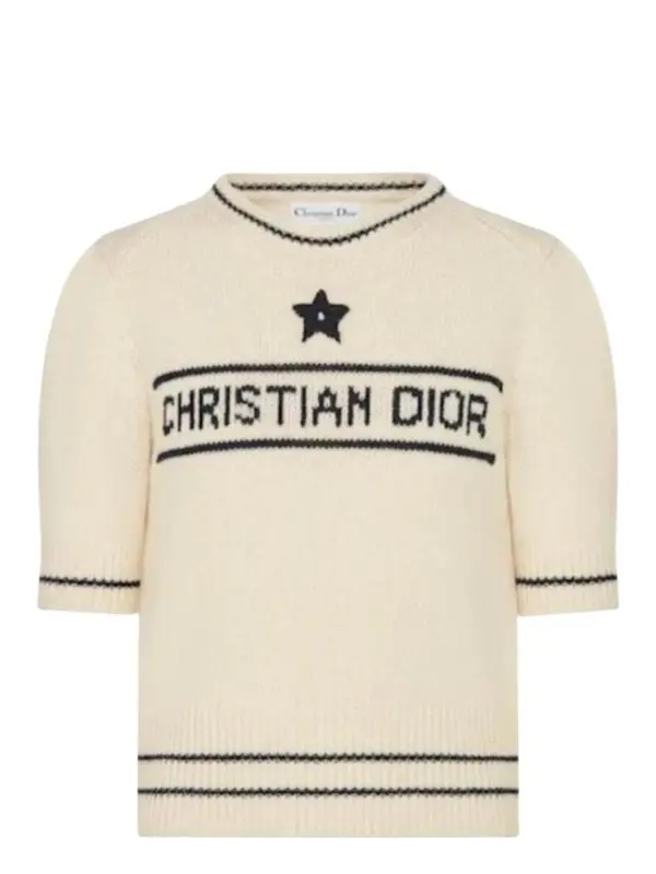 Dior Short-sleeved Knit Sweater With Embroidered Logo - Beige
