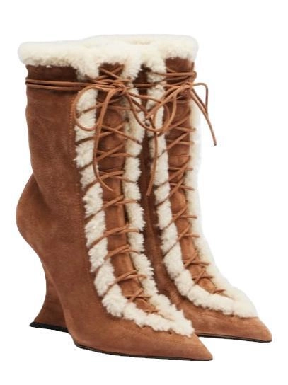 Paris Texas Suede Lace-up Wedge Boots With Fur Trim - Brown