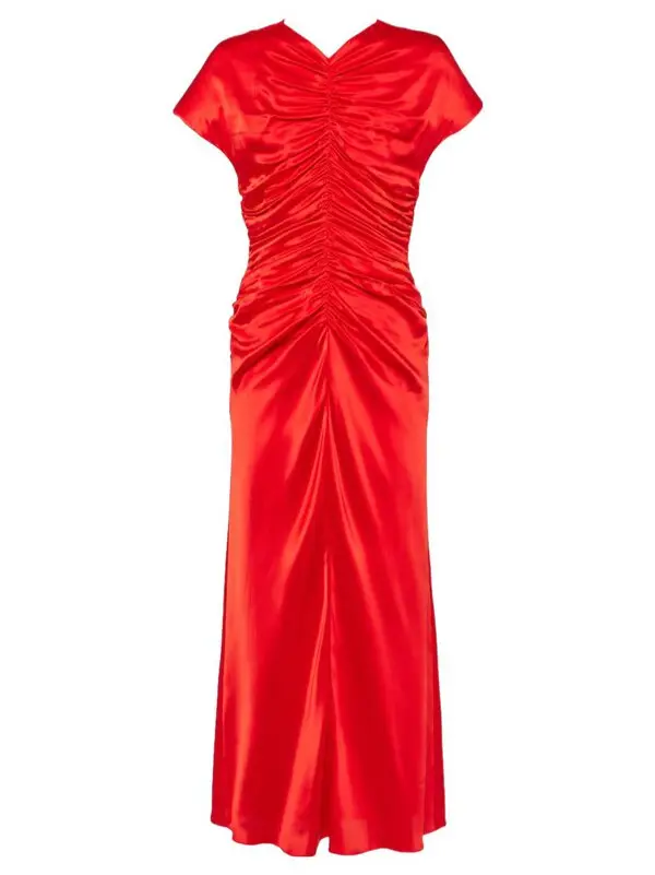 Tove Aubree Ruched Silk Midi Dress - Red