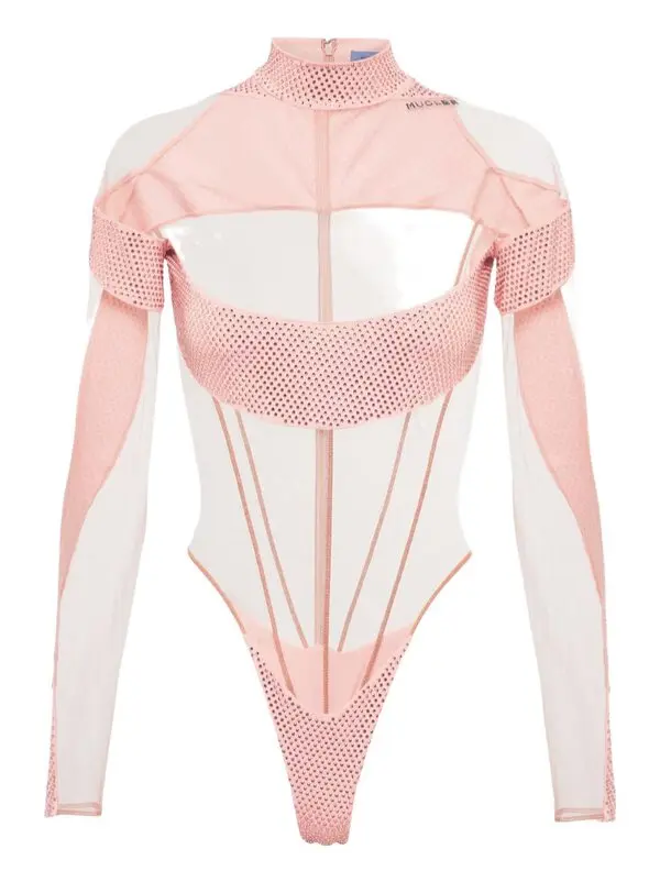 MUGLER Paneled High Neck Bodysuit - Pink