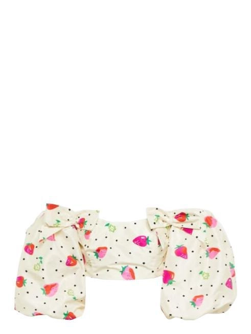 Alessandra Rich Printed Silk Off-shoulder Crop Top - White