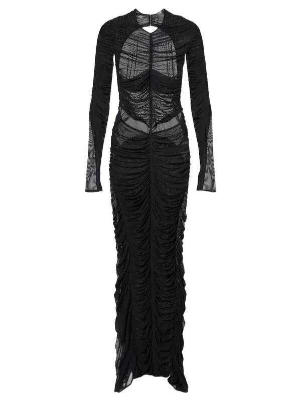MUGLER Long Sleeve Pleated Mesh Maxi Dress - Black