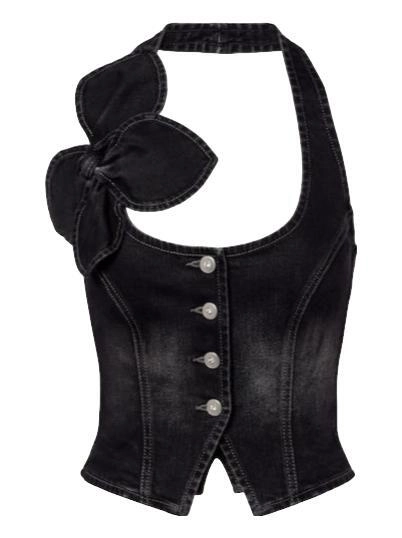 AREA Bow Detail Denim Top - Black