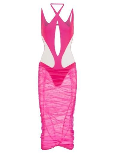 MUGLER Cutout Paneled Tulle Midi Dress - Pink
