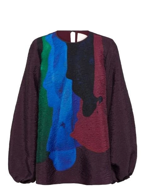 ROKSANDA Abstract Print Pleated Silk Blouse With Puffy Sleeves - Black
