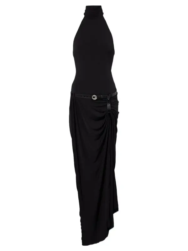 Coperni Belted Asymmetric Draped Halterneck Maxi Dress - Black
