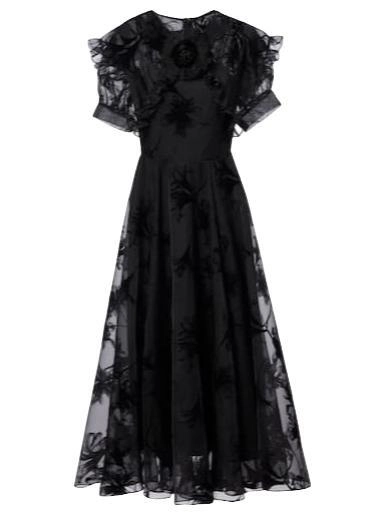 RODARTE Ruffled Floral Organza Midi Dress - Black