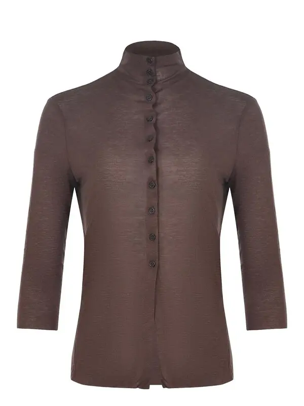 ALYSI Long Sleeve Semi-sheer High Collar Knit Top - Brown