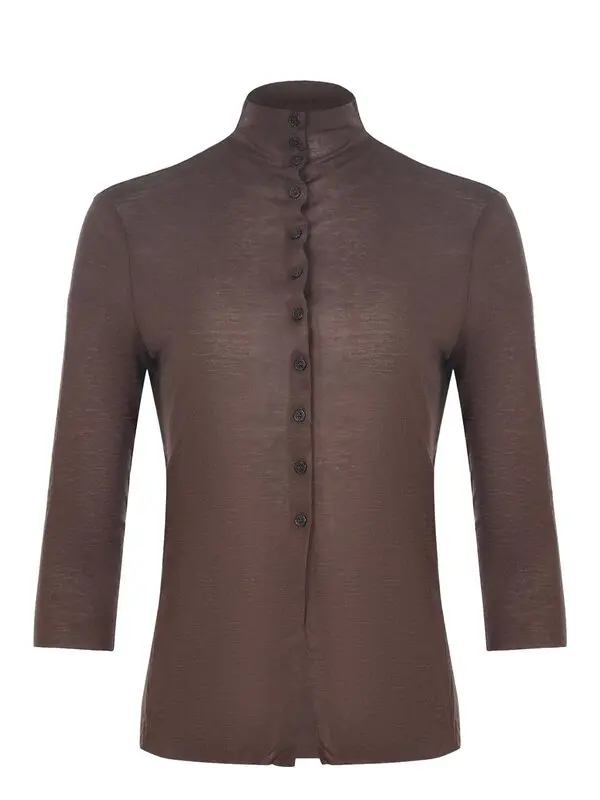ALYSI Long Sleeve Semi-sheer High Collar Knit Top - Brown