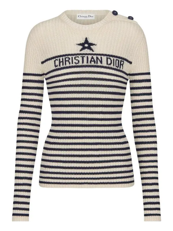 Dior Ribbed Knit Crewneck Sweater With Striped Pattern And Logo Detail - Nude