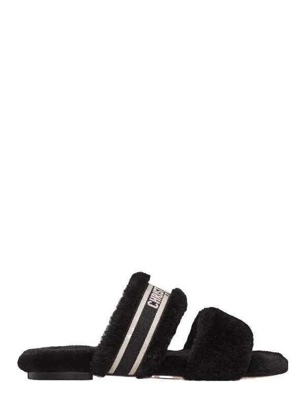 Dior Chez Moi Logo Embroidered Fur Slides - Black