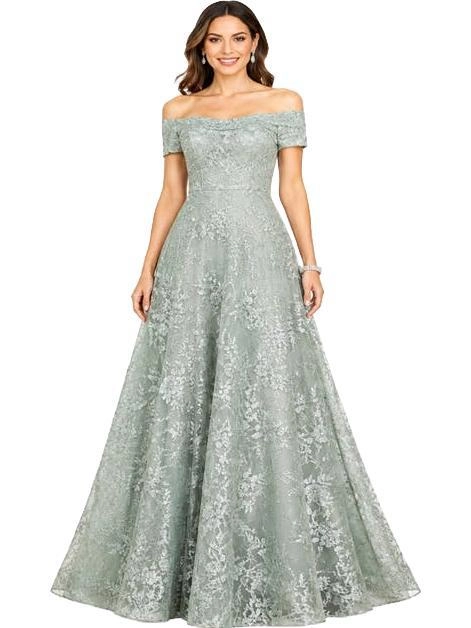 LARA NEW YORK Off Shoulder A-line Gown With Lace Appliqué And Rhinestones - Silver/sage
