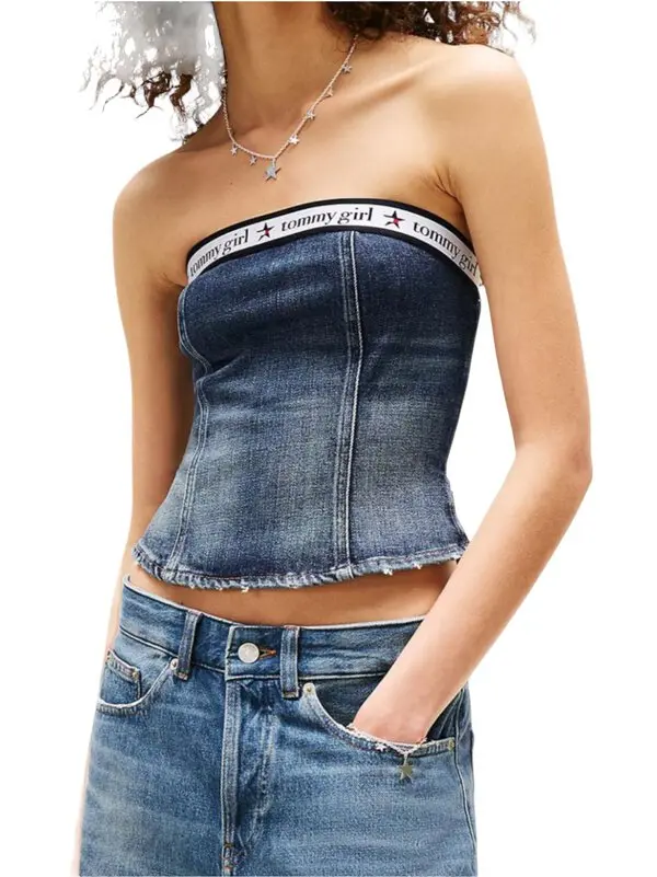 Tommy Hilfiger Strapless Denim Tube Top Vest With Logo Band - Blue