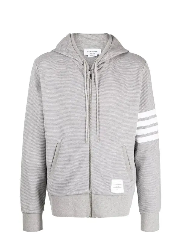 Thom Browne Logo-patch Zip-up Hoodie With Sporty Stripes - Light Gray