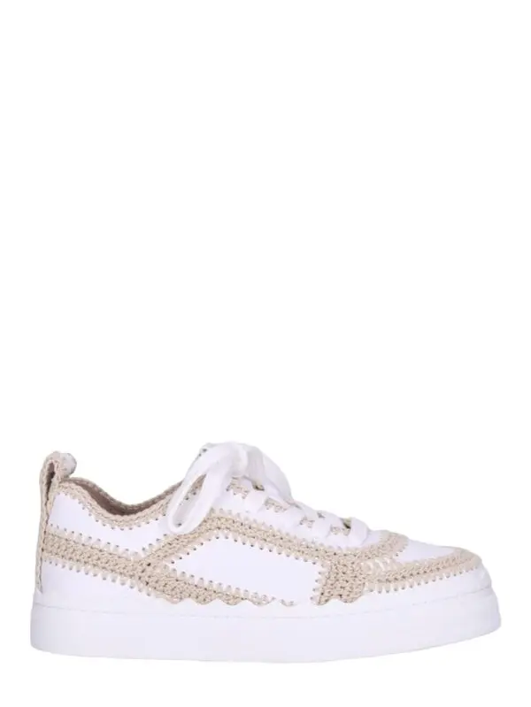 Chloé Lauren Leather Sneakers With Crochet Trim - White