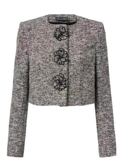 Oscar De La Renta Floral-appliqué Cotton-blend Tweed Cropped Jacket - Gray