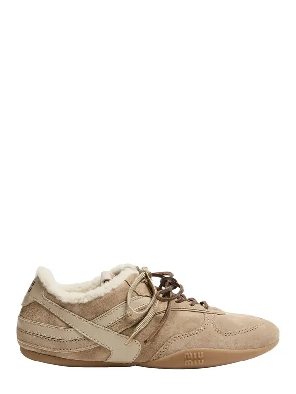 Miu Miu Printed Lettering Suede Sneakers - Beige