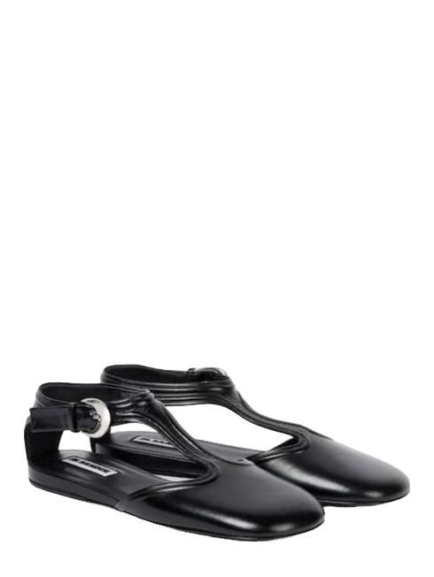 JIL SANDER Leather Mary Jane Flats With T-strap And Silver Buckle - Black