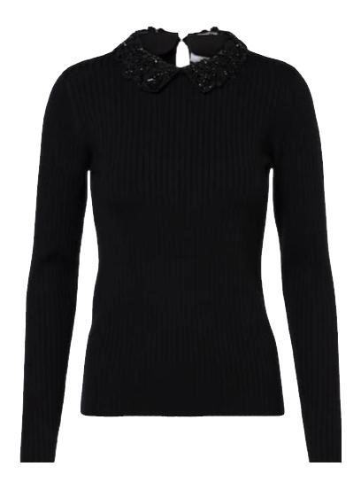 Carolina Herrera Embellished Ribbed-knit Wool Top - Black