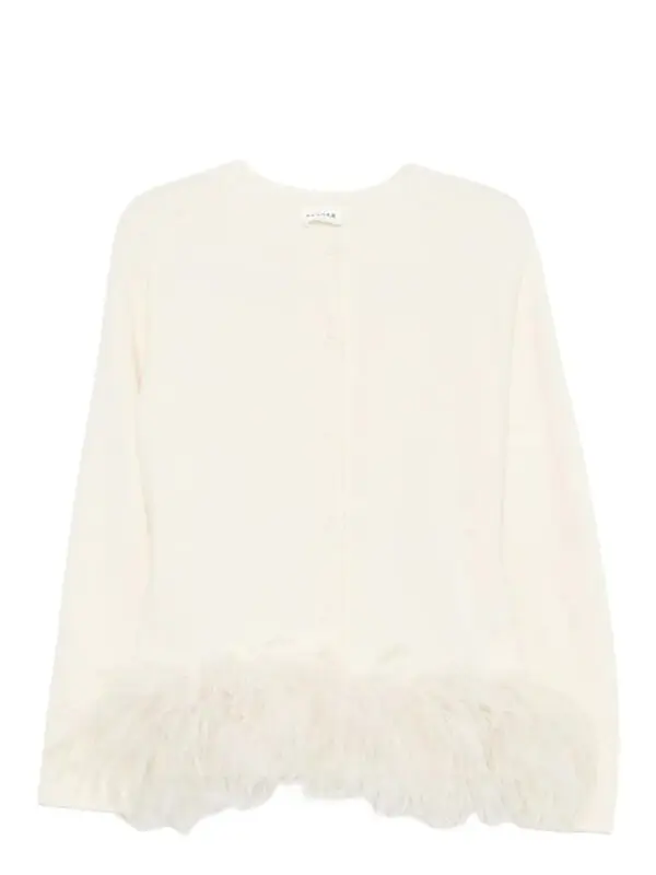 P.a.r.o.s.h Long-sleeved Knitted Cardigan With Back Tie And Feather Trim - Panna