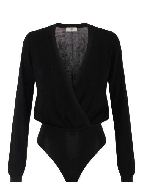 Elisabetta Franchi Ribbed Knit Wrap Bodysuit - Black