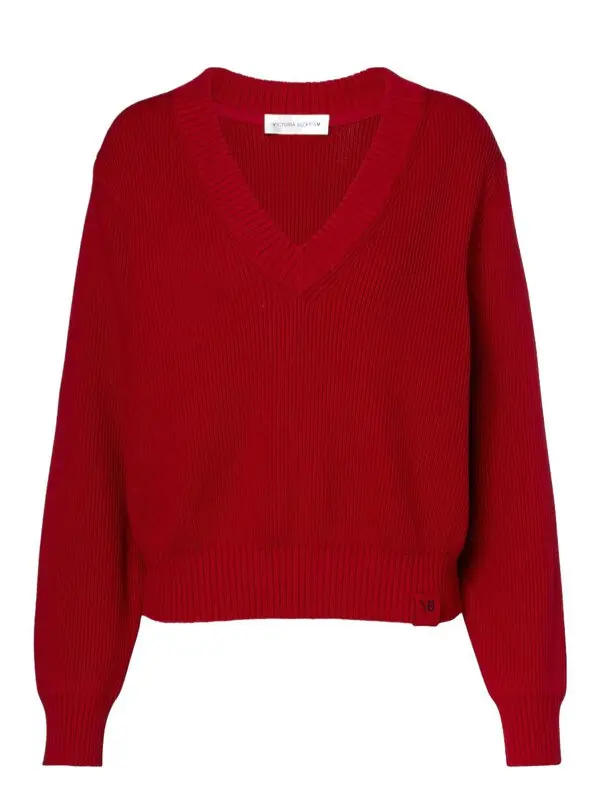 Victoria Beckham Ribbed-knit Cotton And Silk-blend V-neck Sweater - Red